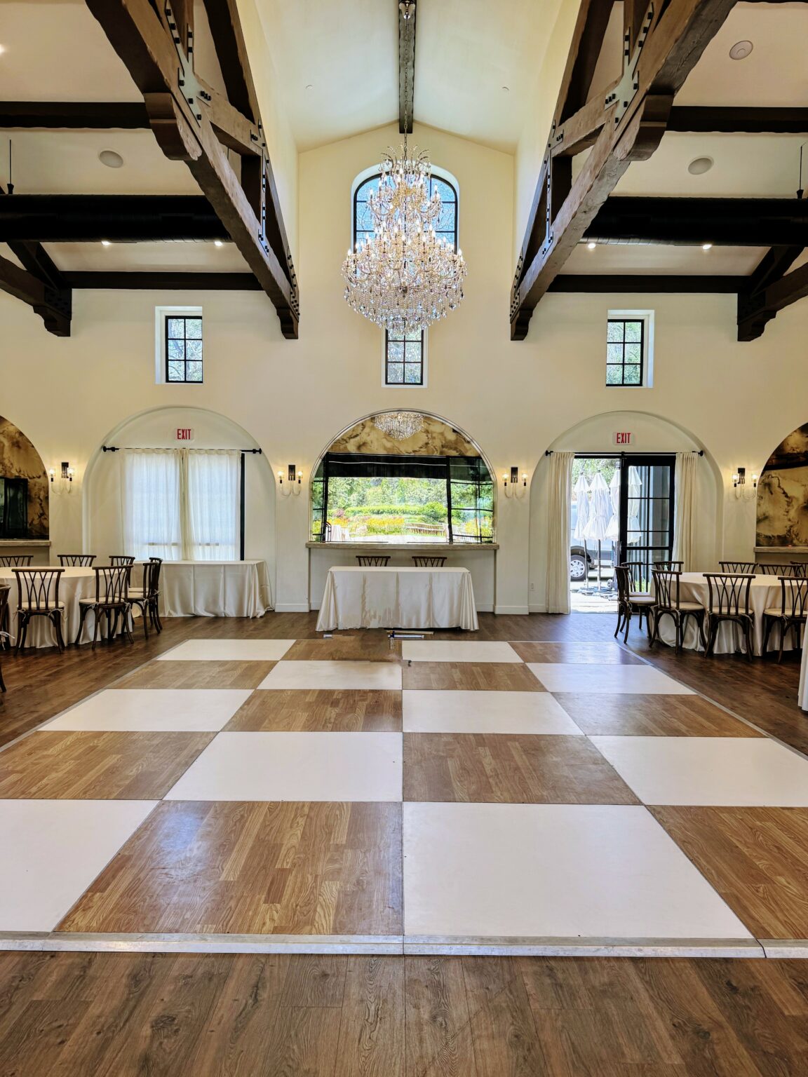 White and Wood Checkered Dance Floor | Platinum Event Rentals